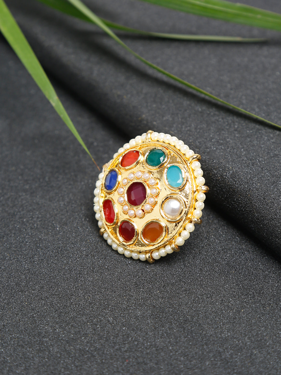 Ruby Raang Women's Kundan Navratan Ring